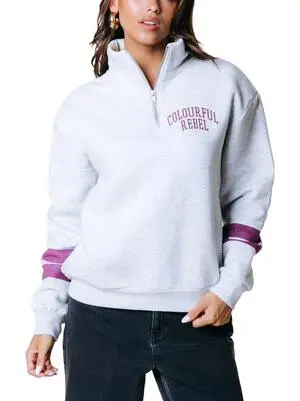 COLOURFUL REBEL Varsity Logo Zip Sweatshirt - Light Grey Melange