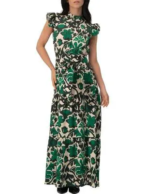 IVONNE Printed Ruffle-Sleeve Maxi Dress With Tie Waist