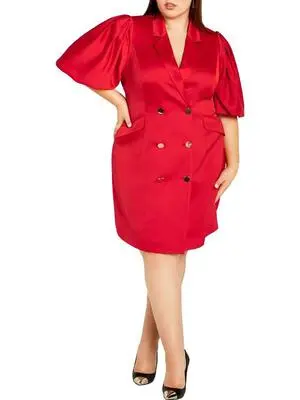 City Chic Satin Blazer Dress With Short Sleeves - Red