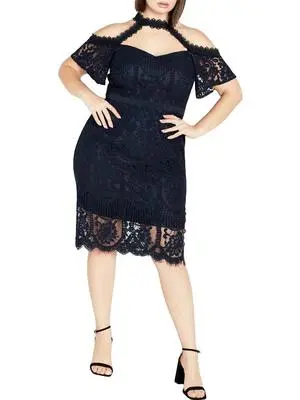 City Chic Pippa Cutout Lace Overlay Cocktail Midi Dress - Navy