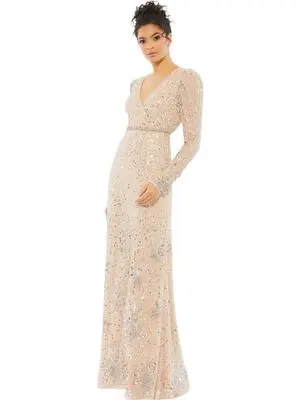 Mac Duggal Sequin Embellished Long Sleeve Gown - Nude Silver