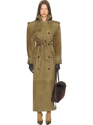 HELSA Suede Trench Coat - Khaki Green