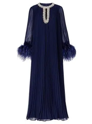 SELF-PORTRAIT Embellished Feather-trimmed Chiffon Maxi Dress - Blue