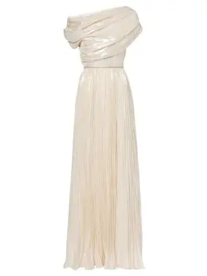 SELF-PORTRAIT Asymmetric Draped Silk-blend Chiffon Maxi Dress - Gold