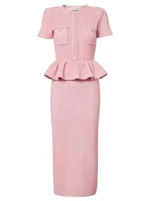 SELF-PORTRAIT Waffle-knit Peplum Midi Dress - Pink