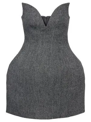 SELF-PORTRAIT Herringbone Wool-blend Bustier Dress - Grey