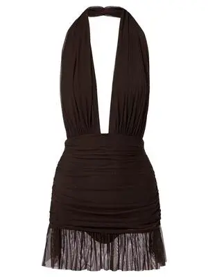 Norma Kamali Halterneck Ruched Mini Dress - Brown