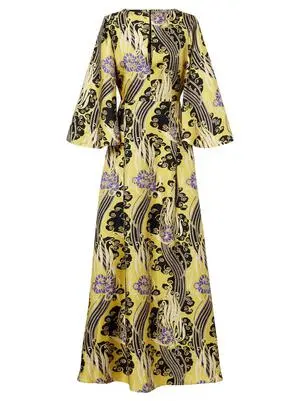 La DoubleJ Belle Cutout Printed Silk Maxi Dress - Yellow