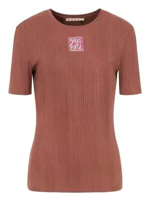 Marni Ribbed Knit T-shirt With Embroidered Logo - Brown