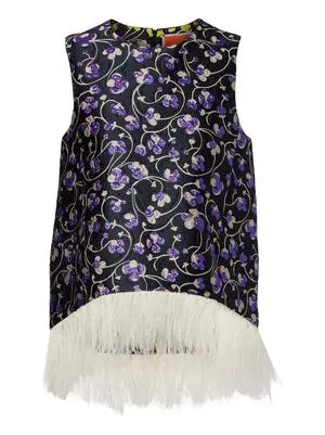 La DoubleJ La Scala Feather-trimmed Jacquard Top - Multicoloured