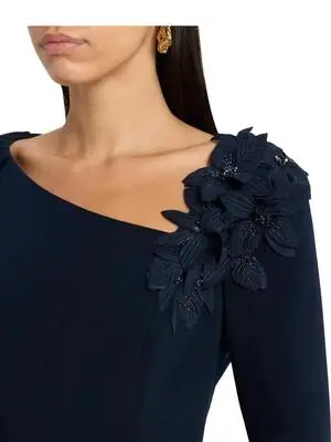 Rickie Freeman For Teri Jon Cape-sleeve Floral Appliqué Trumpet Gown - Navy