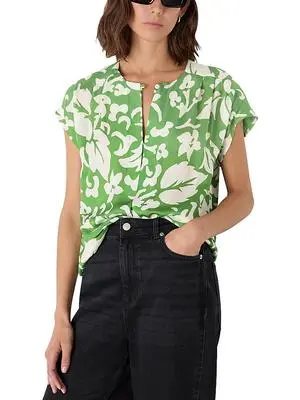 Whistles Floral Print Keyhole Top - Green/multi
