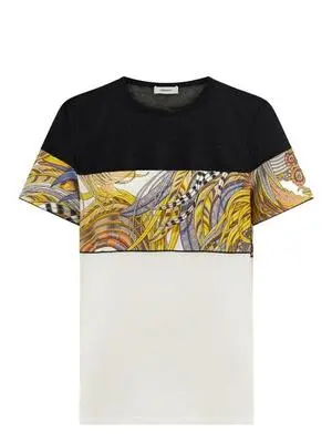 FERRAGAMO Crewneck T-shirt With Silk Inserts - Blue / Stripe / White / Yellow