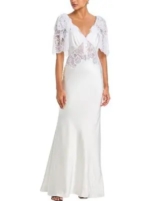 SELF-PORTRAIT Fine Lace Satin Maxi Dress - White