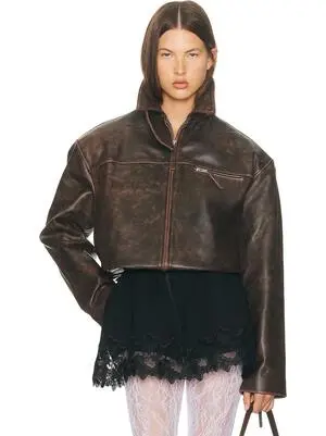 HELSA The Leather Oversized Moto Jacket - Brown Distressed