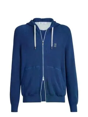 Brunello Cucinelli Ribbed Knit Zip-up Hoodie - Blue