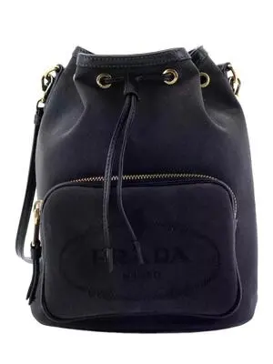 Prada Logo Drawstring Canvas Bucket Bag - Black