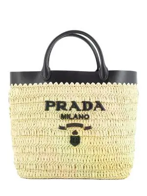 Prada Raffia And Leather Small Tote Bag - Neutrals