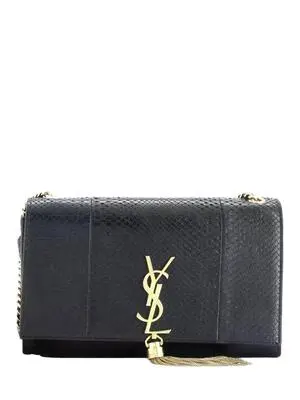 Saint Laurent Classic Monogram Tassel Python Embossed Leather Medium Crossbody Bag - Black