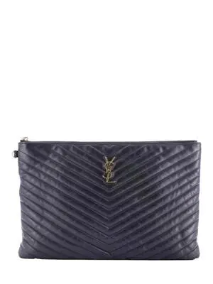 Saint Laurent Monogram Wristlet Pouch Matelasse Chevron Leather Large Clutch Bag - Black