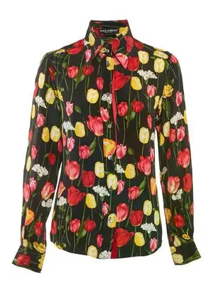 Dolce & Gabbana Tulip-print Silk Shirt - Black