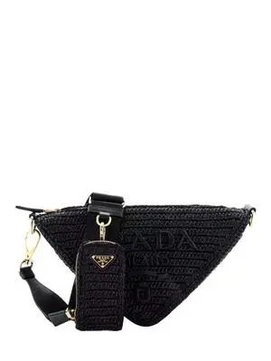 Prada Triangle Logo Zip Crochet Raffia Crossbody Bag - Black