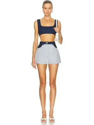 Matthew Bruch Tie Back Crop Top - Medium Wash Denim