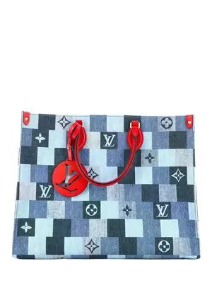 LOUIS VUITTON Onthego Damier And Monogram Patchwork Denim Gm Tote Bag - Blue