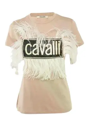 Roberto Cavalli Feather-trimmed Logo T-shirt - Neutrals