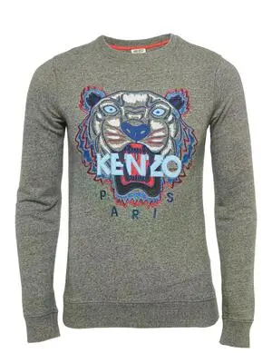 Kenzo Tiger-embroidered Crew-neck T-shirt - Grey