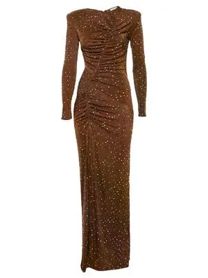 THE NEW ARRIVALS ILKYAZ OZEL Rhinestone Ruched Maxi Dress - Brown