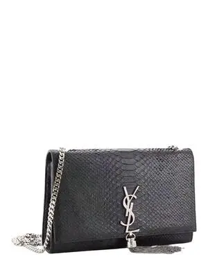Saint Laurent Classic Monogram Tassel Python Embossed Leather Medium Crossbody Bag - Black
