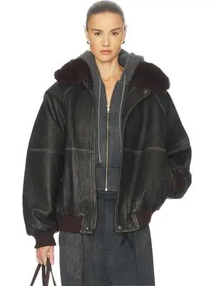 HELSA Oversized Leather Bomber With Faux Fur Collar - Black