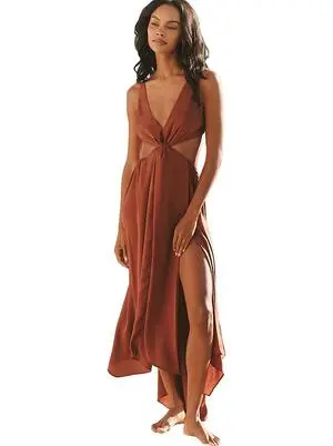 CELANDINE V-neck Twist-front Satin Midi Dress - Brown Out