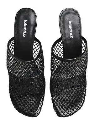 Lola Cruz Rhinestone Netted Mule Heels - Black