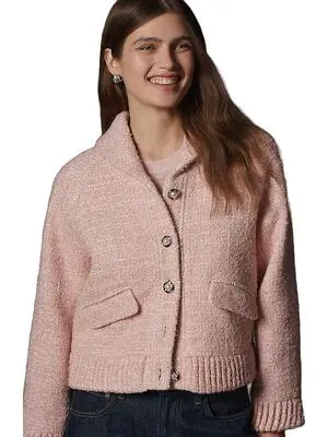 Endless Rose Collared Embellished Tweed Jacket - Blush Pink