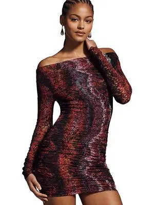 AFRM Off-shoulder Long-sleeve Mesh Mini Dress - Ombre Snake