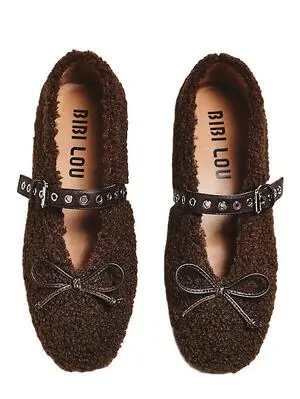 BIBI LOU Sherpa Fleece Moto Ballet Flats - Cocoa