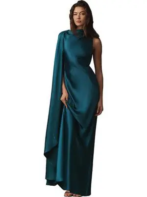 Acler Ropley Asymmetric Cape-sleeve Satin Maxi Dress - Prussian Blue