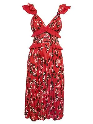 SELF-PORTRAIT Floral-print Pleated Dress - Red