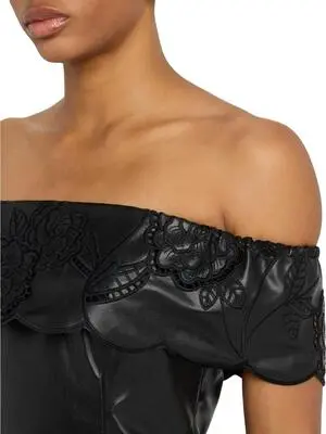 TOCCIN Mariana Embroidered Faux Leather Top - Jet