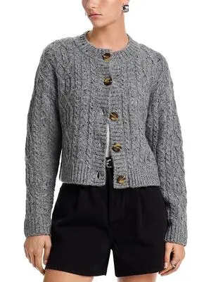 Aqua Cable Knit Crewneck Cardigan - Dark Grey Fleck
