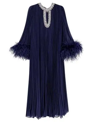 SELF-PORTRAIT Chiffon Long Dress With Ostrich Feathers - Blue