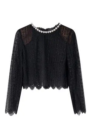 SELF-PORTRAIT Lace Top With Rhinestones - Black