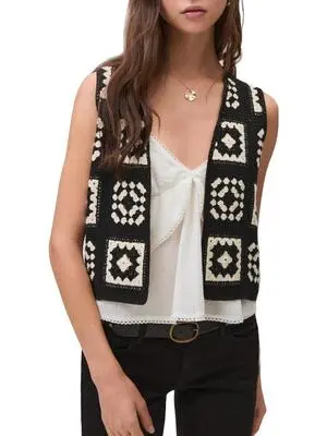 Mango Granny Square Crochet Knit Vest - Black