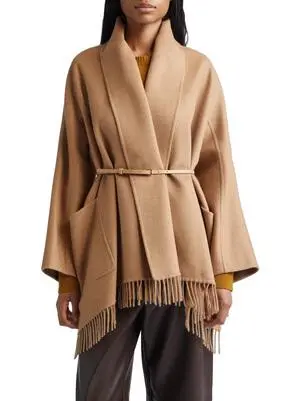 Max Mara Abilita Fringed Belted Hair Cape Jacket - Camel