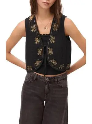 Mango Embroidered Floral Cotton Vest - Black