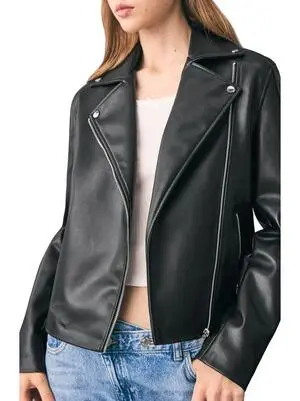 Mango Faux Leather Biker Jacket - Black