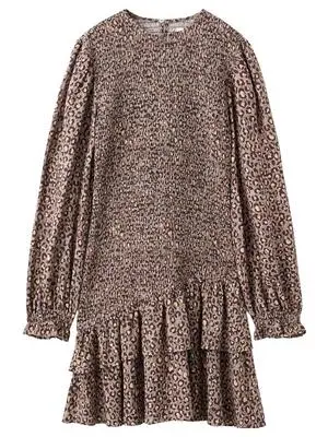 Mango Smocked Leopard Print Long Sleeve Dress - Brown