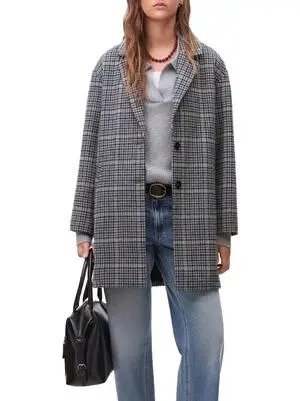 Mango Check Longline Coat - Sky Blue